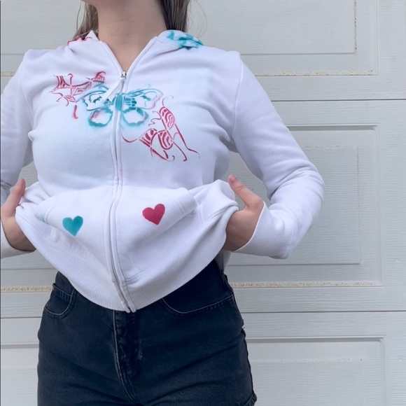 Tops | A Custom White Butterfly Jacket With Blue And Pink | Poshmark